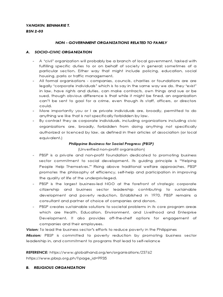 Yangkin, Benmarie T. BSN 2-03 Non - Government Organizations Related To ...