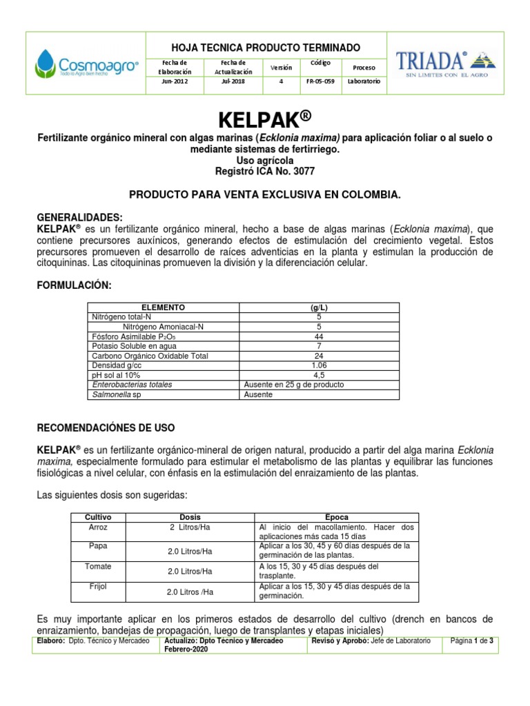 Ficha Técnica Kelpak | PDF | Fertilizante | Plantas