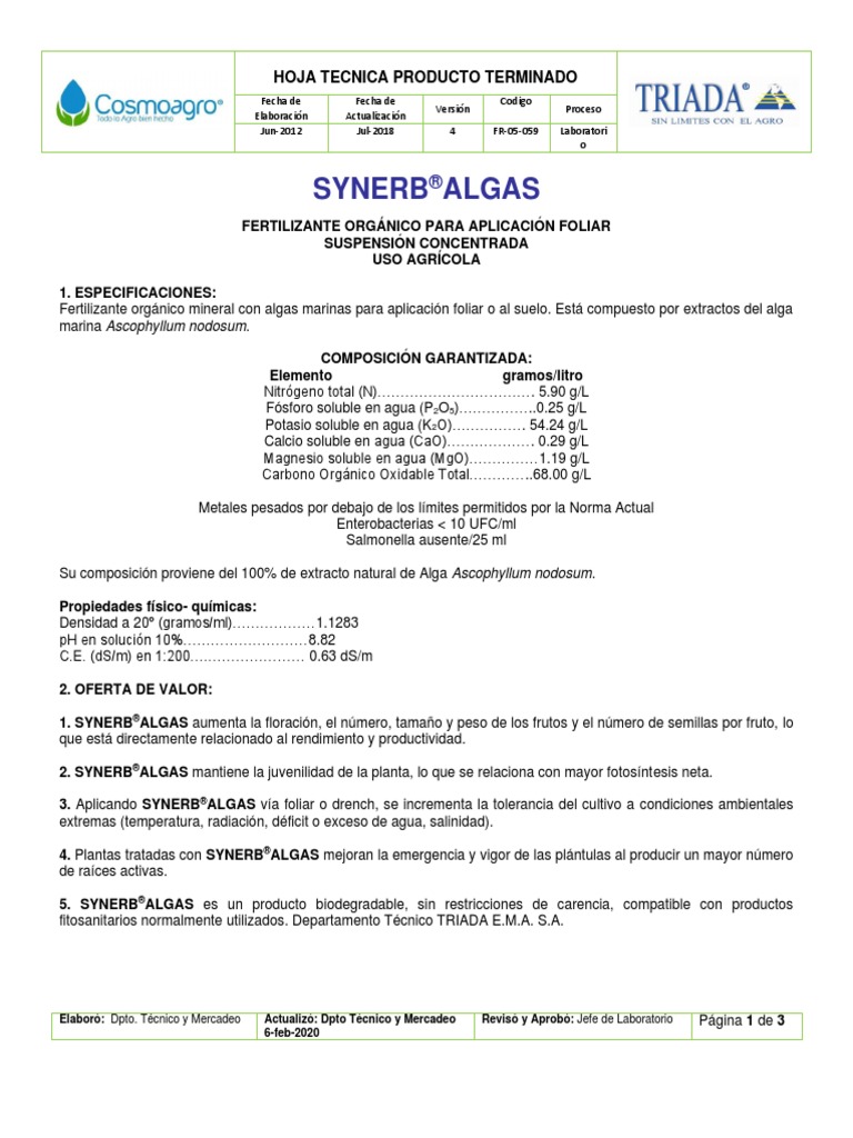Ficha Técnica SYNERB ALGAS | PDF | Plantas | Química