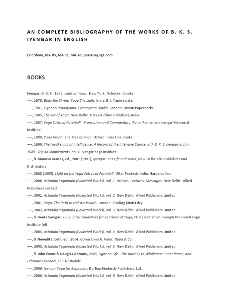 A Complete Bibliography of The Books of BKS IYENGAR | PDF | Yoga ...