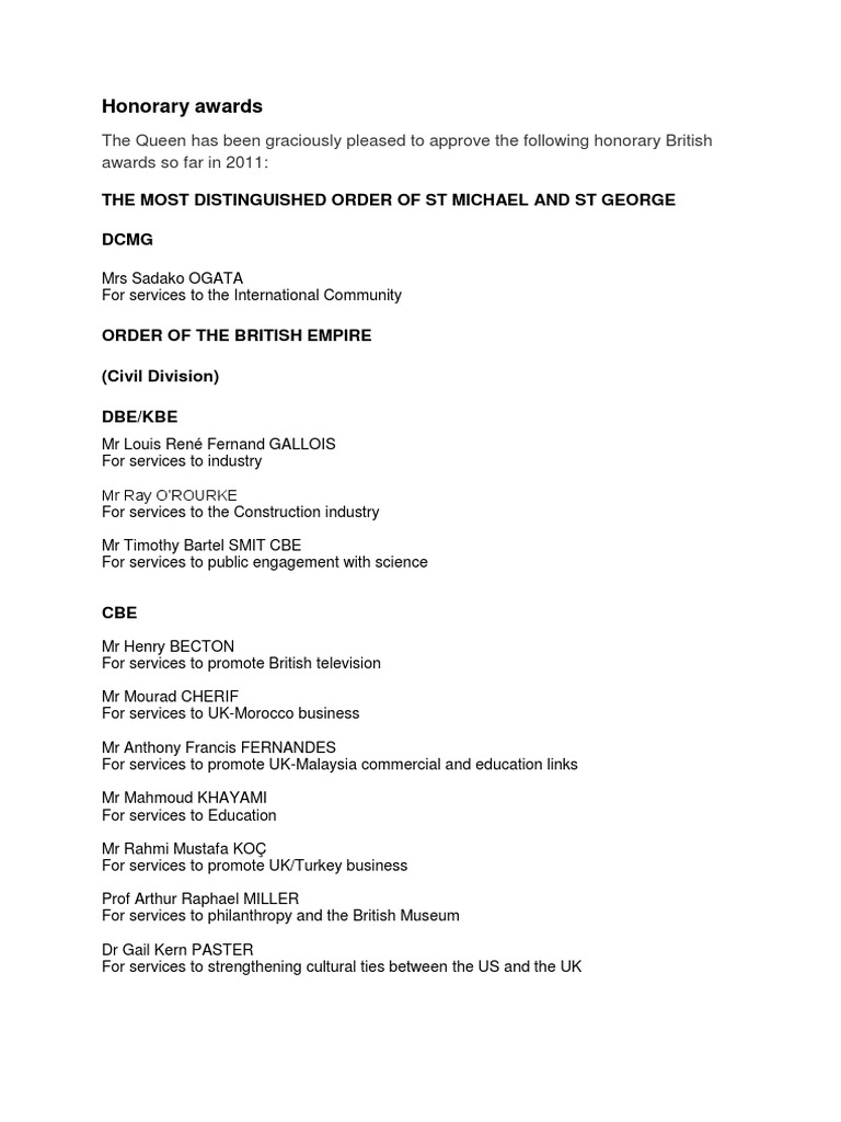 2011 Honorary Awards | PDF | Orders, Decorations, And Medals | Order Of ...