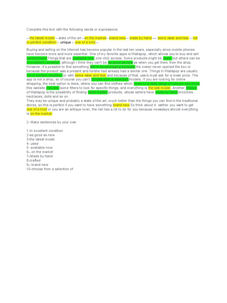 Complete This Text With The Following Words or Expressions Ingles | PDF