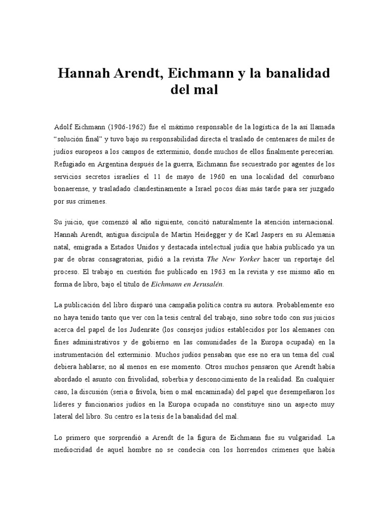 Hannah Arendt, Eichmann y La Banalidad Del Mal | PDF | Hannah Arendt ...