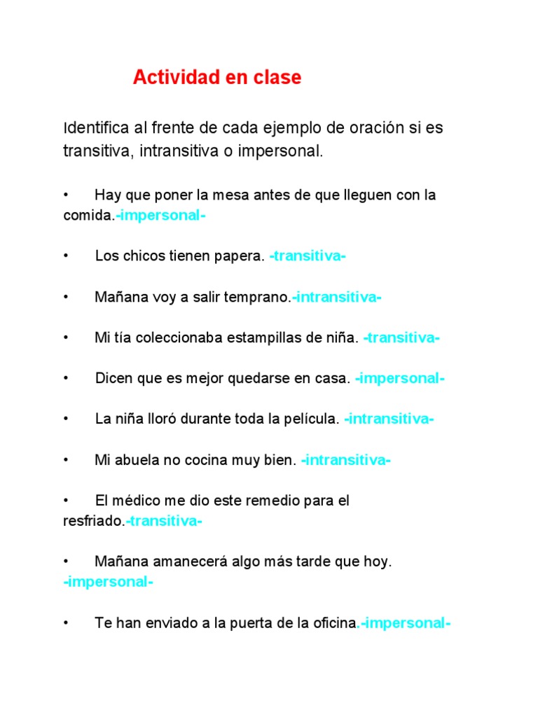 Ejemplos de oraciones transitivas e intransitivas | PDF | Cocina ...