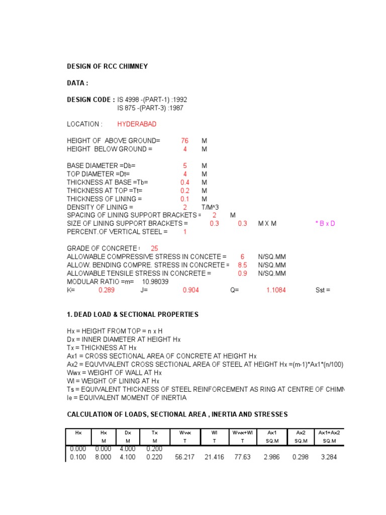 Design of RCC Chimney Data: DESIGN CODE: IS 4998 - (PART-1) :1992 | PDF ...