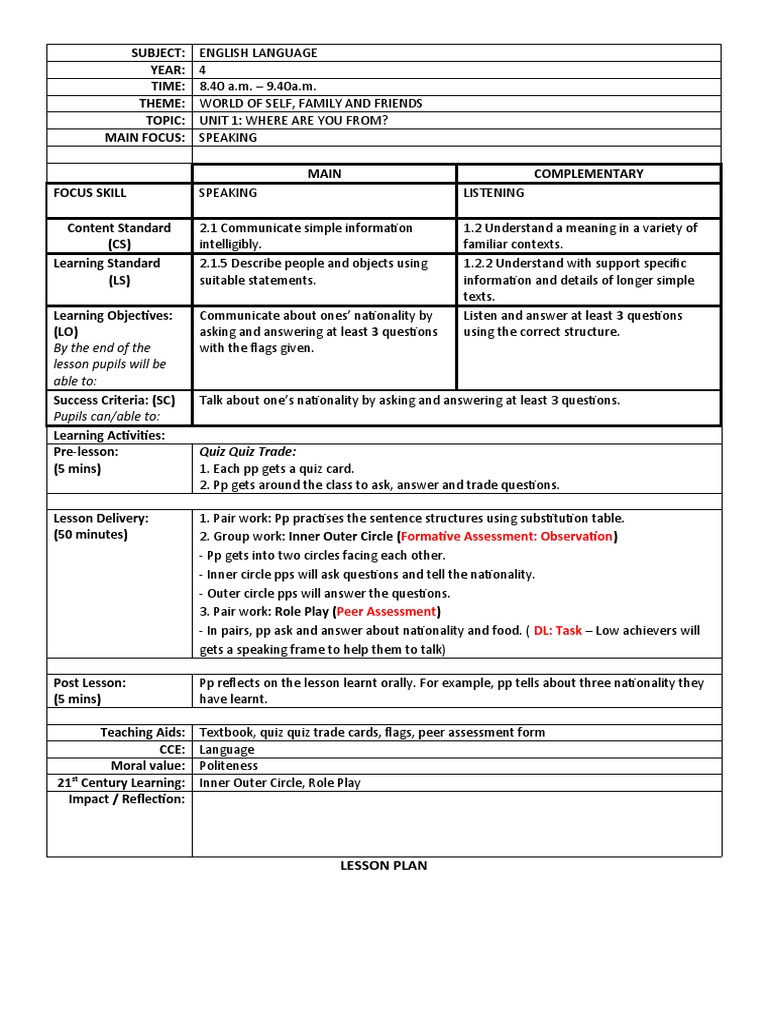 Lesson Plan Template Speaking | PDF | Question | Lesson Plan