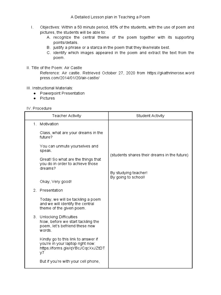 A Detailed Lesson Plan in Teaching A Poem 1 | PDF | Dream | Poetry