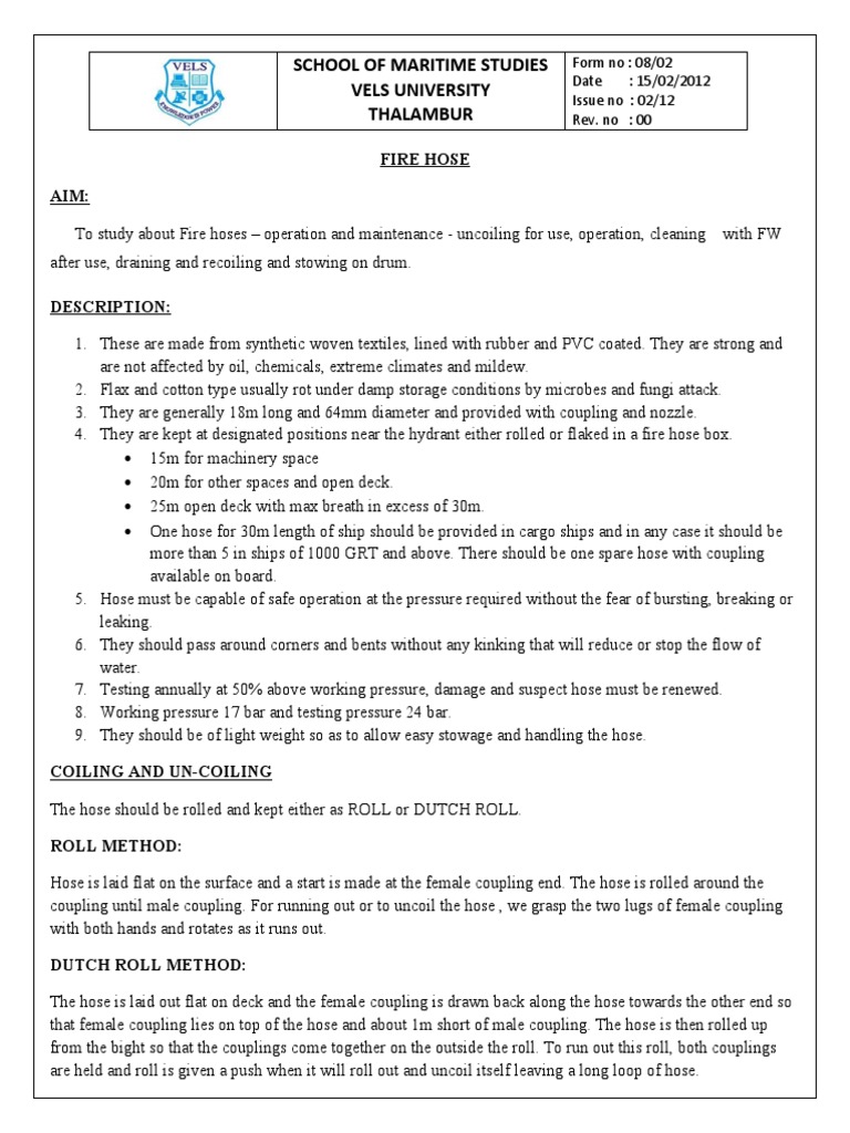 School of Maritime Studies Vels University Thalambur: Fire Hose Aim ...