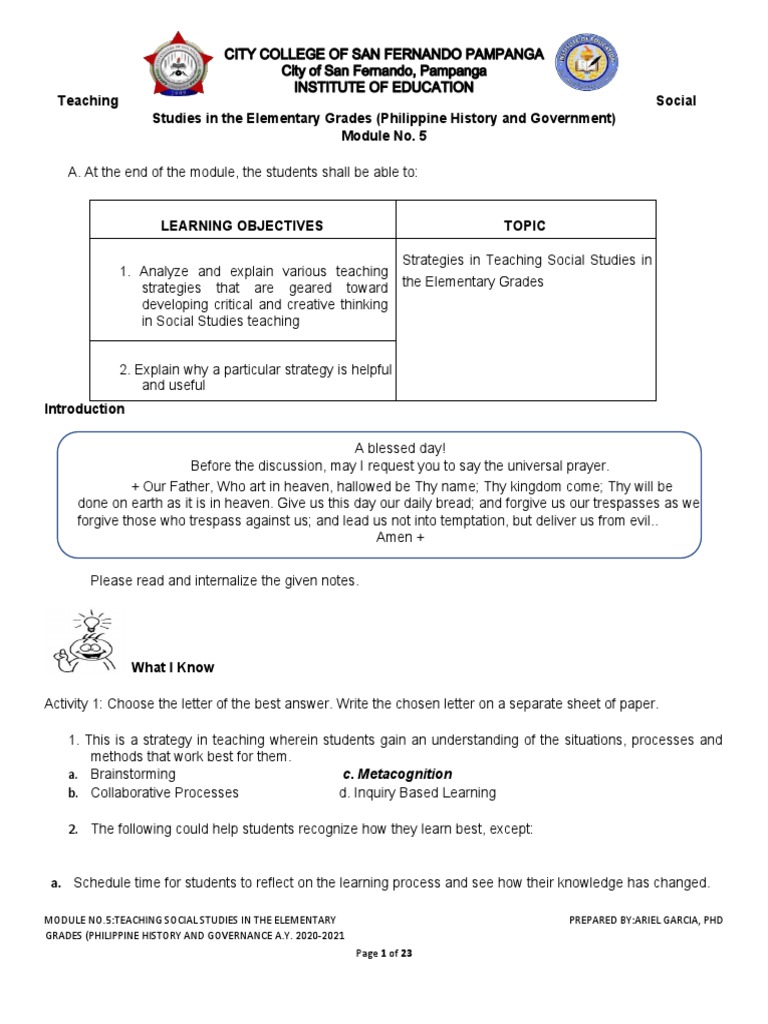 Teaching Social Studies in The Elem Grades 5 | PDF | Educational ...