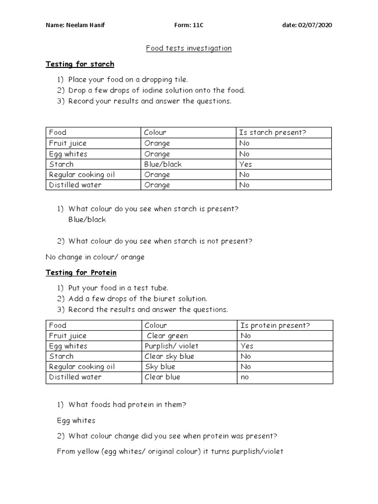 Food Tests Investigation: Analyzing Samples for the Presence of Starch ...