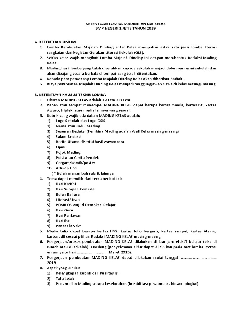 Ketentuan Lomba MADING Antar Kelas SMP 1 Jetis | PDF