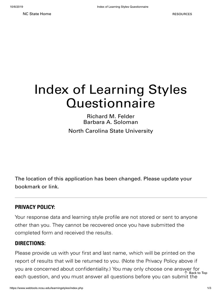 Index of Learning Styles Questionnaire 1 PDF | PDF | Learning Styles ...
