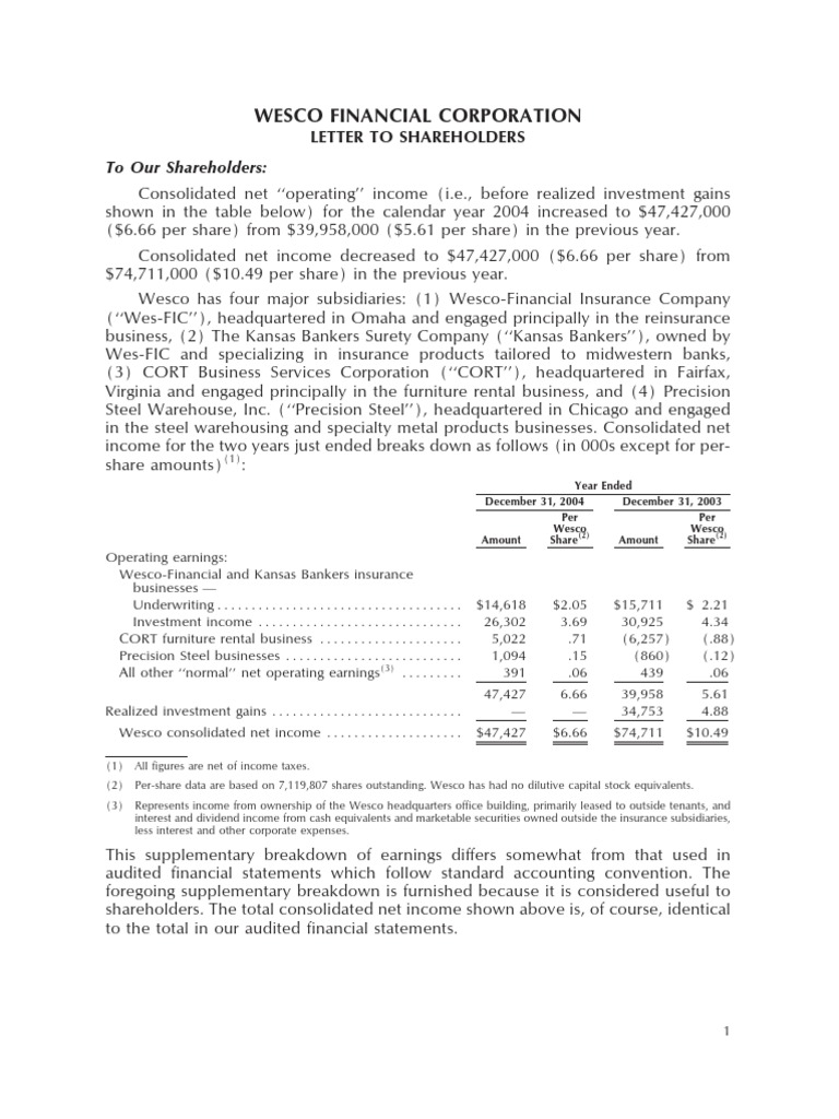 Wesco Financial Corporation: To Our Shareholders | PDF | Goodwill ...