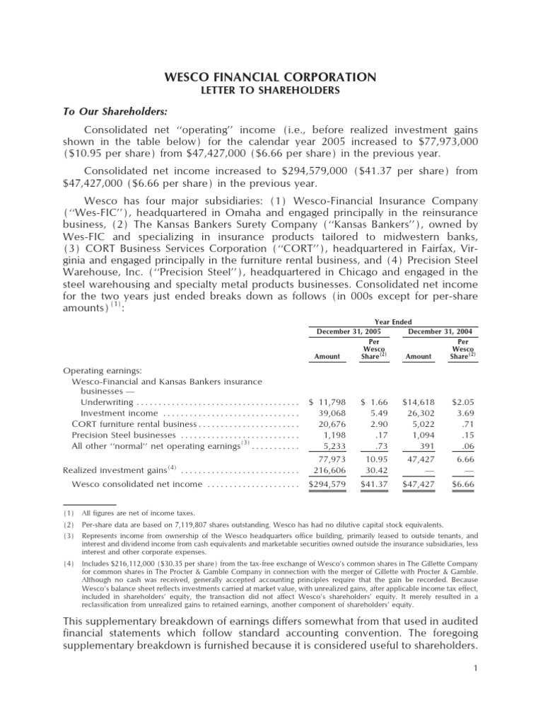 Wesco Financial Corporation: To Our Shareholders | PDF | Book Value ...