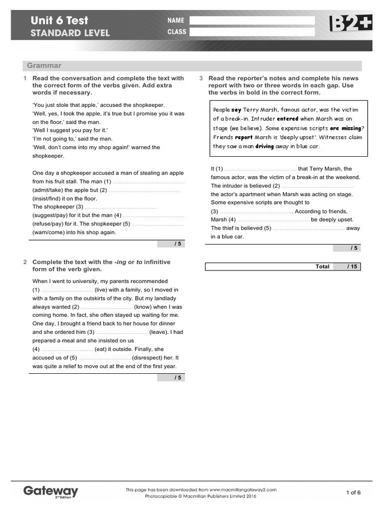 Gateway B2 Unit 6 Test Overview | PDF | Squatting