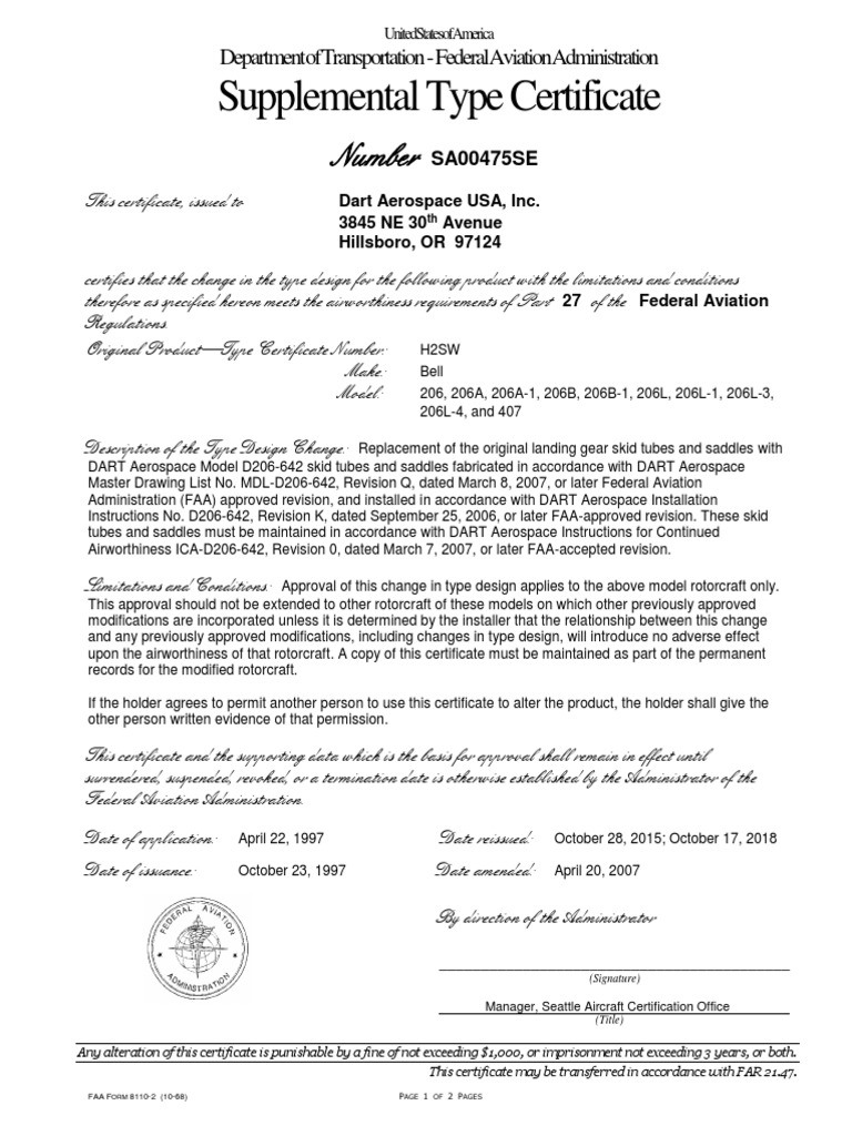 Supplemental Type Certificate: Number | PDF | Aeronautics | Transport