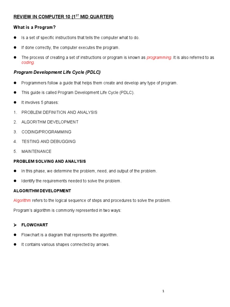 Program Development Life Cycle (PDLC) : Review in Computer 10 (1 Mid Quarter) What Is A Program ...