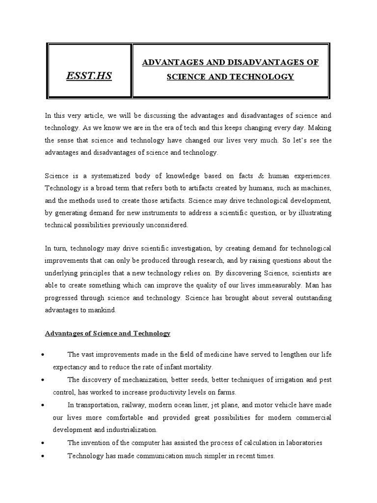 Esst - HS: Advantages and Disadvantages of Science and Technology | PDF ...