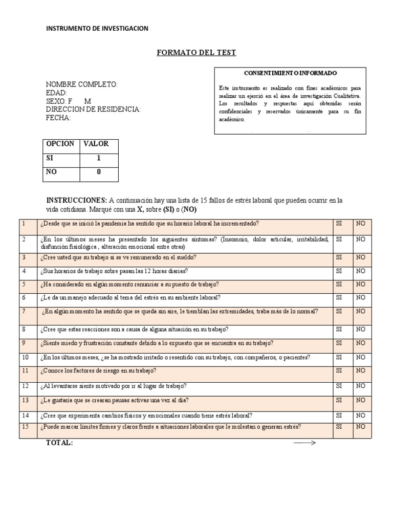Formato Instrumento de Test | PDF | Estrés (biología) | Las emociones