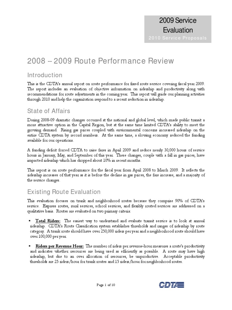 CDTA Route Performance Review 2009 | PDF | Transport | Business