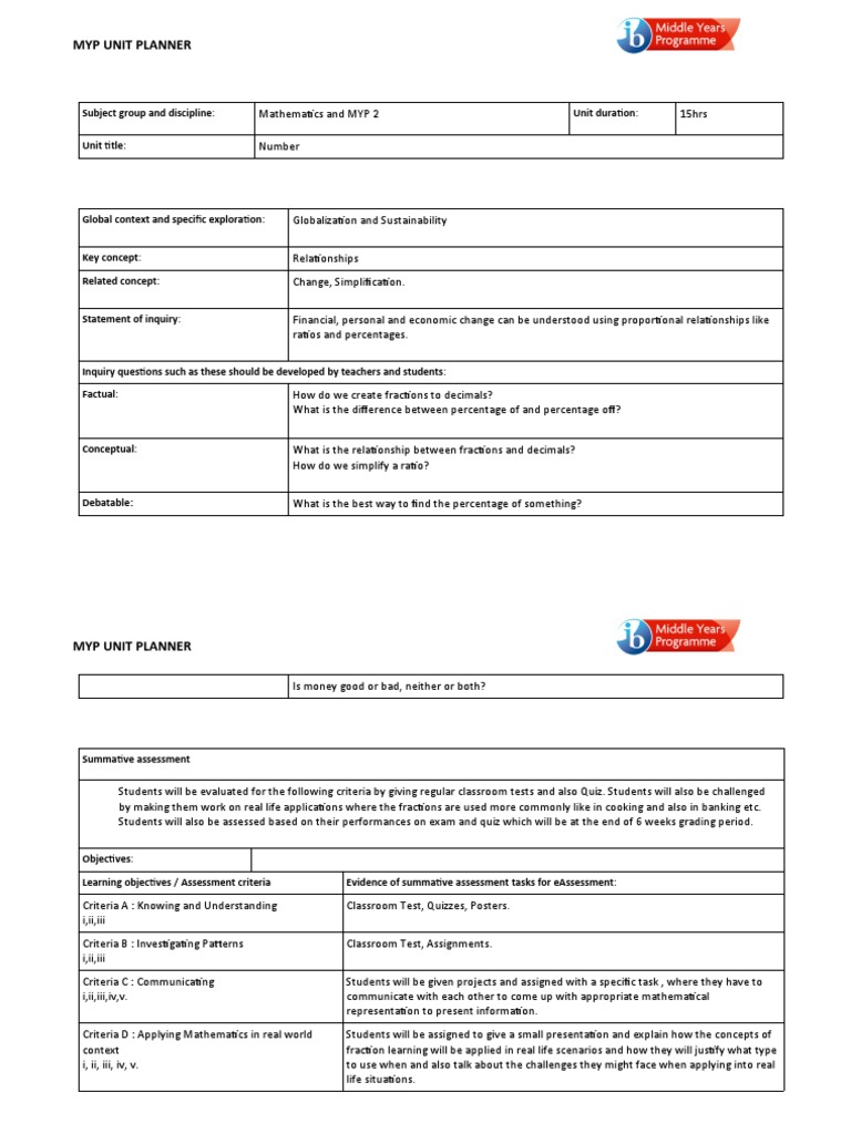 MYP 2 Mathematics Unit Planner: Number | PDF | Educational Assessment ...