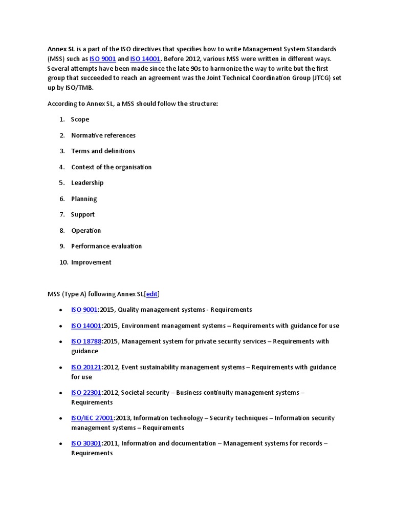 ISO 9001 ISO 14001: Annex SL Is A Part of The ISO Directives That ...