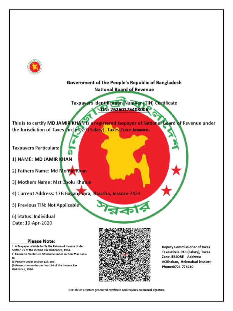 Certificate of Tax Identification for Individual Taxpayer MD Jamir Khan of Jessore, Bangladesh | PDF