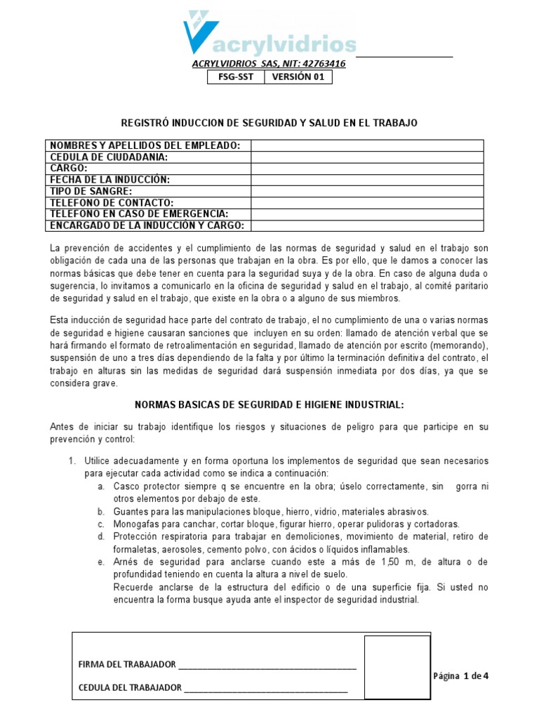 Registro de Induccion Sst. | PDF | Seguridad y salud ocupacional ... Registro de Induccion Sst. | PDF | Seguridad y salud ocupacional ...