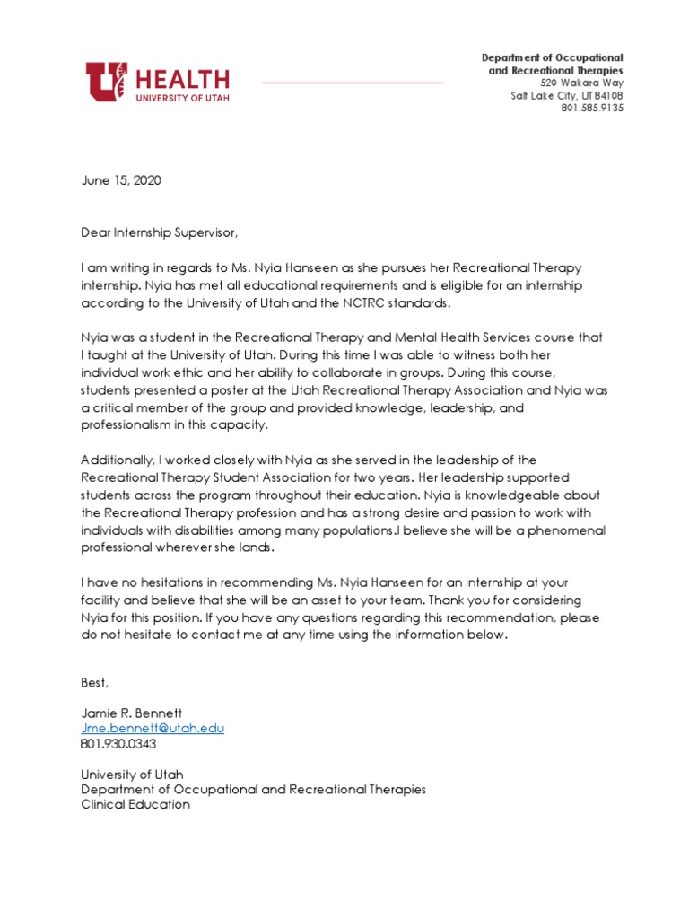 Jamie Bennett - Letter of Recommendation | PDF