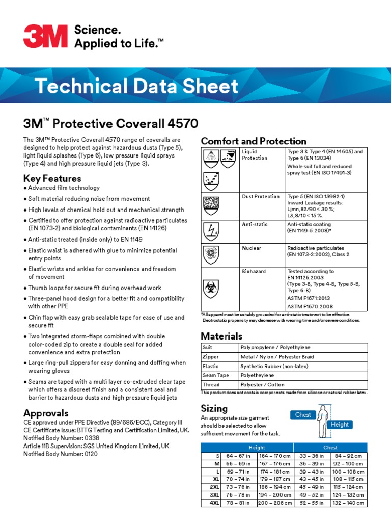 Technical Data Sheet: 3M Protective Coverall 4570 | Download Free PDF ...