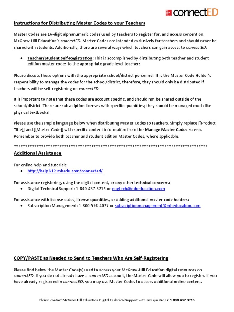 Instructions for Distributing Master Codes to Teachers for Access to ...