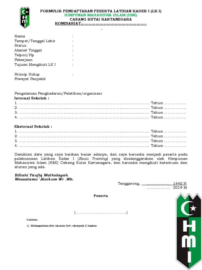 Formulir Pendaftaran Peserta Latihan Kader I 1 | PDF