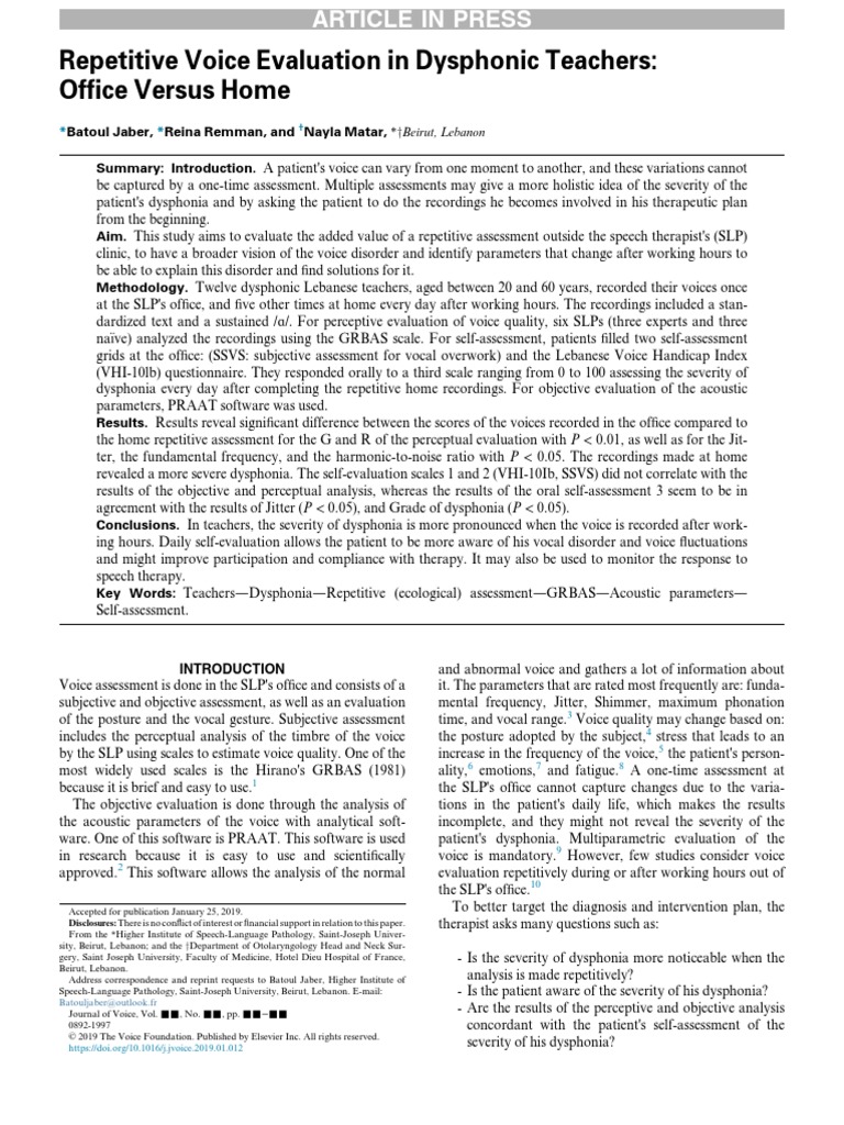Repetitive Voice Evaluation in Dysphonic Teachers: Office Versus Home ...