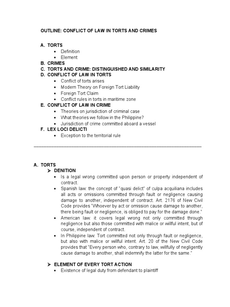 Outline: Conflict of Law in Torts and Crimes A. Torts | PDF | Tort | Negligence
