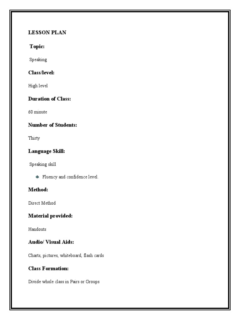Lesson Plan For Speaking Skills | PDF | Second Language | Lesson Plan