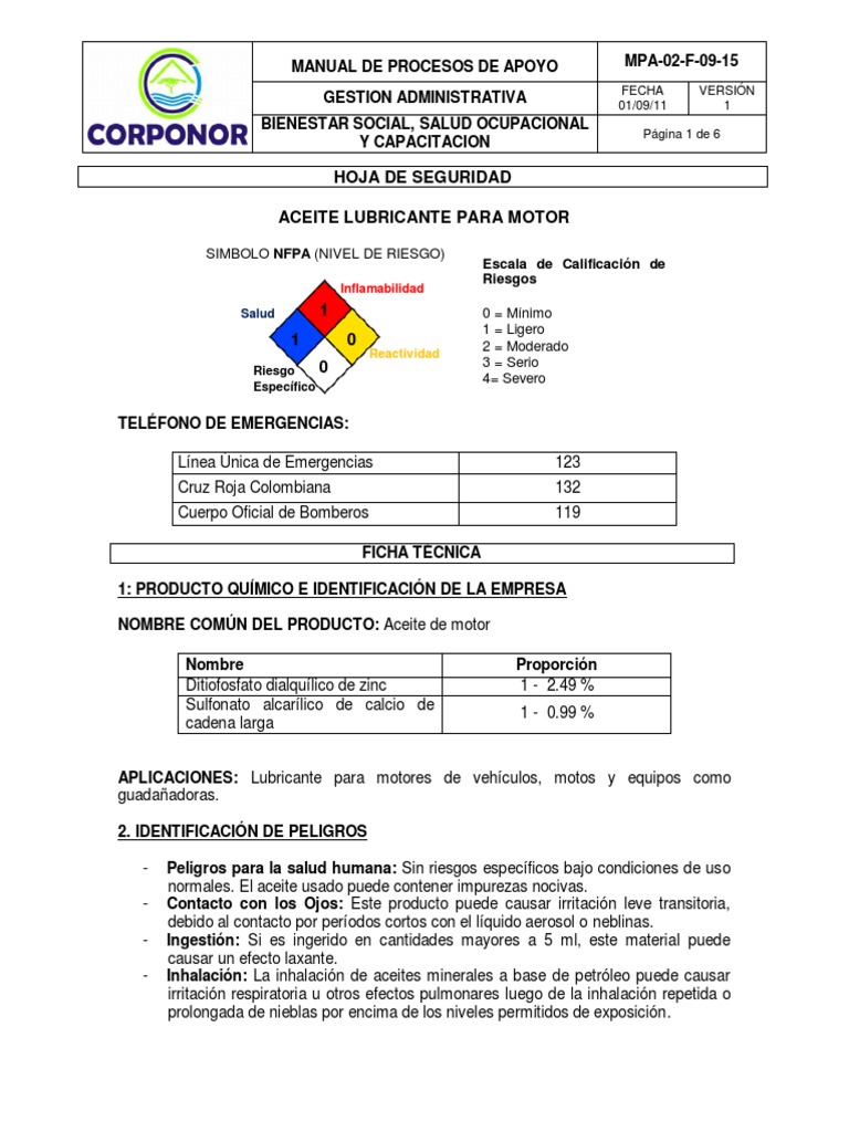 Hoja de Seguridad Aceite Lubricante para Motor | PDF | Seguridad y ...