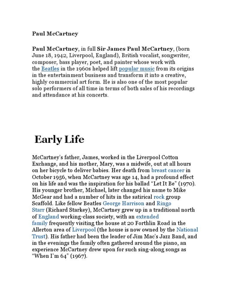 Early Life: Paul Mccartney Paul Mccartney, in Full Sir James Paul ...