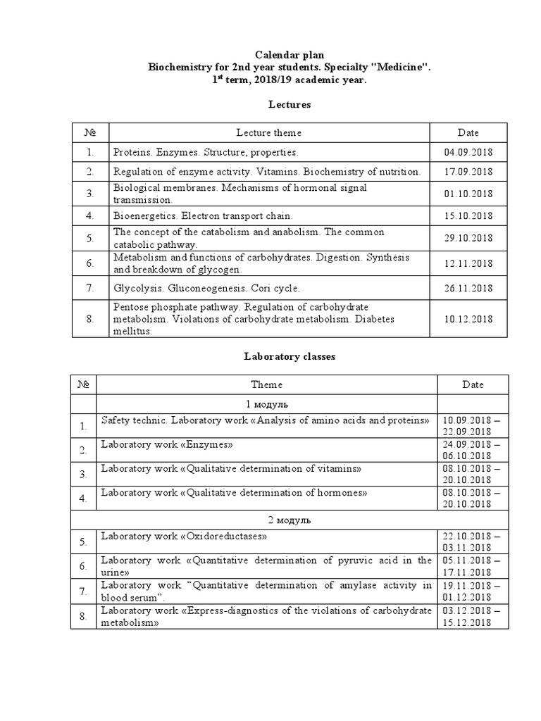 Comprehensive Calendar and Evaluation Plan for Biochemistry Studies of ...