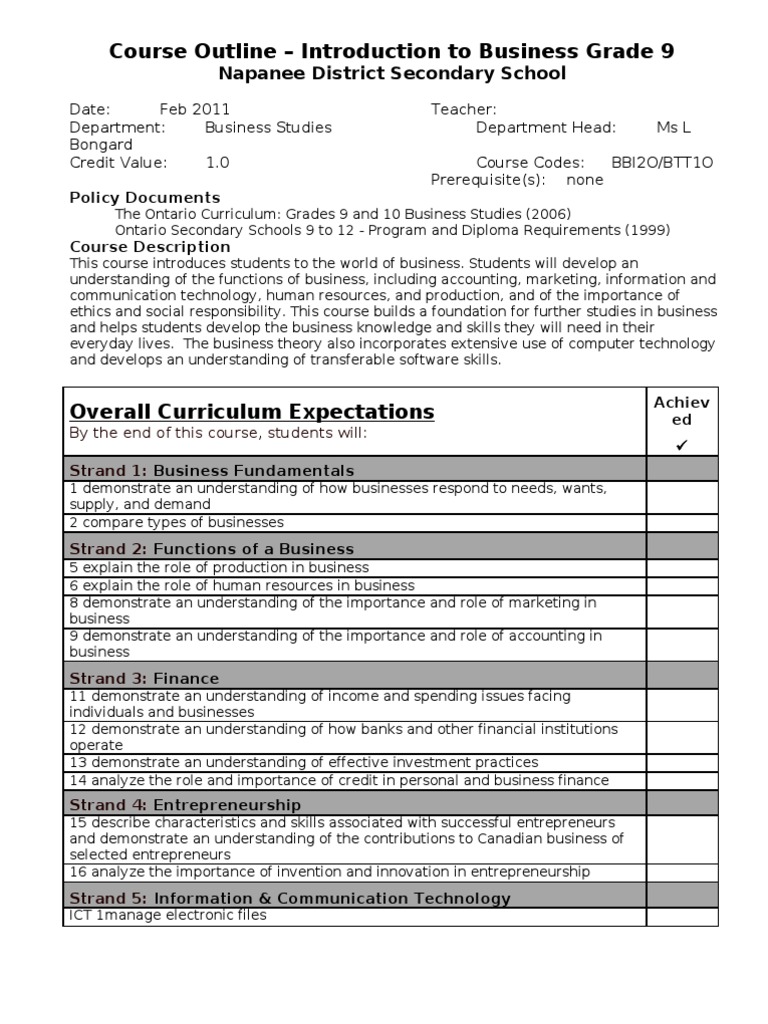 Course Outline - Introduction To Business Grade 9: Napanee District ...
