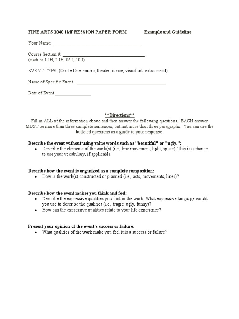 Fine Arts 1040 Impression Paper Form Example and Guideline | PDF