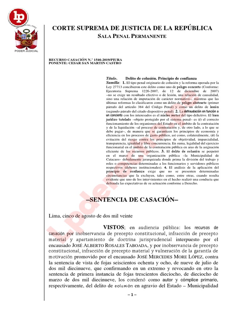 Casación 1546 2019 Piura LPderecho PDF | PDF | Derecho penal | Jurisdicción Casación 1546 2019 Piura LPderecho PDF | PDF | Derecho penal | Jurisdicción