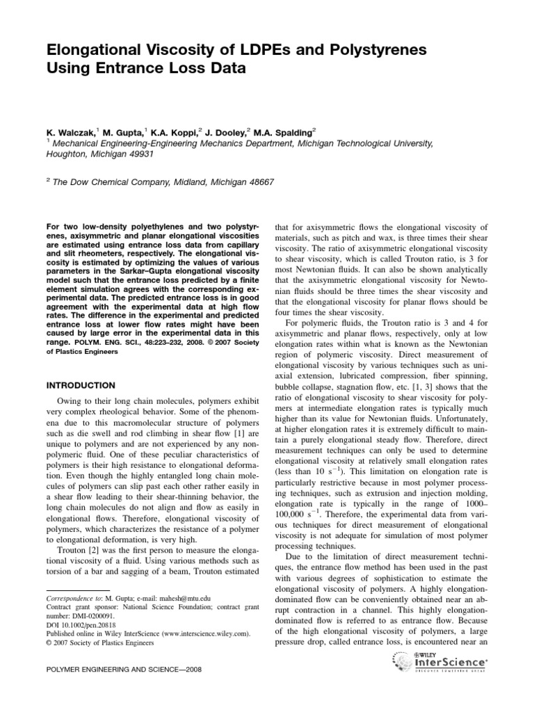 Elongational Viscosity of Polymers | PDF | Viscosity | Rheology
