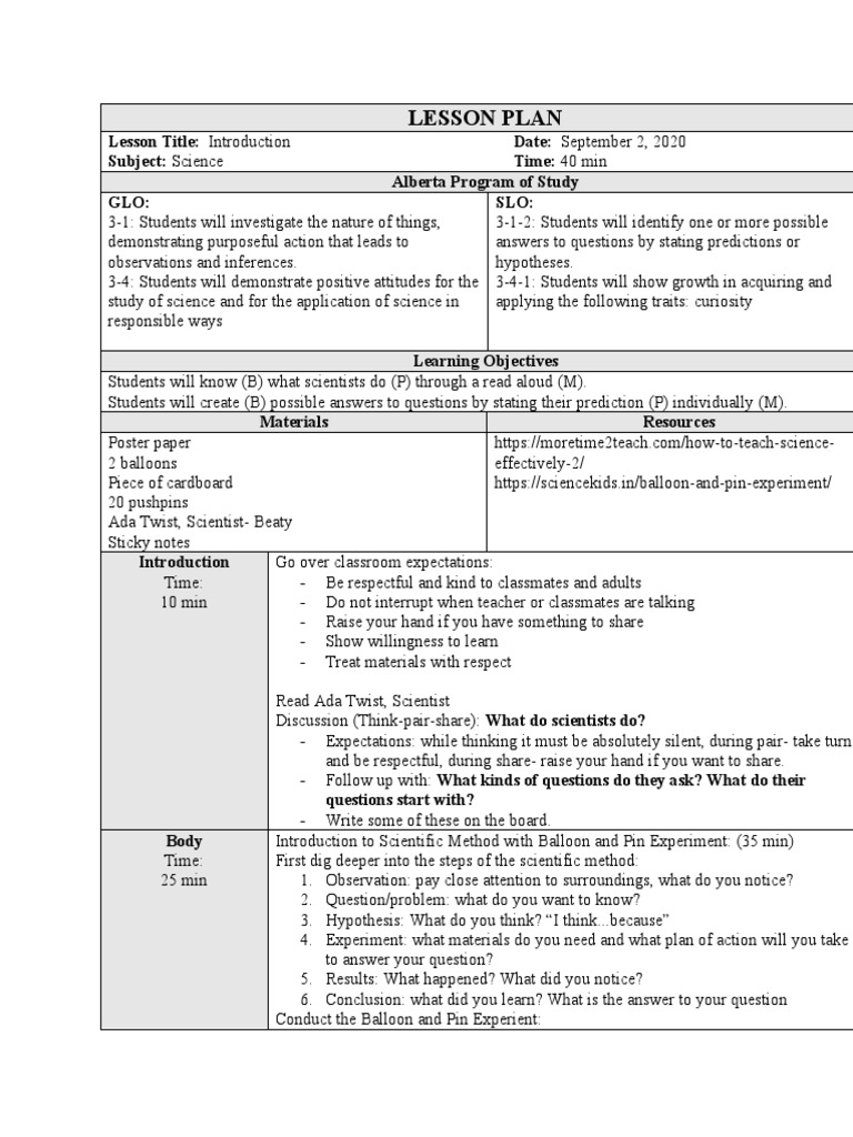 Lesson Plan: Lesson Title: Introduction Subject: Science Alberta ...