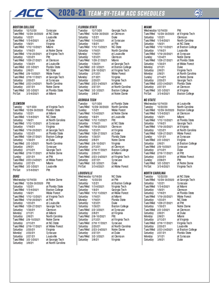 ACC Team-By-Team Basketball Schedules | PDF | Atlantic Coast Conference ...
