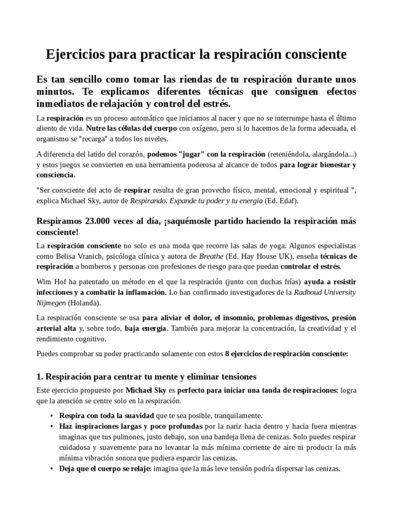 Ejercicios de Respiración Consciente | PDF | Respiración | Estrés ...