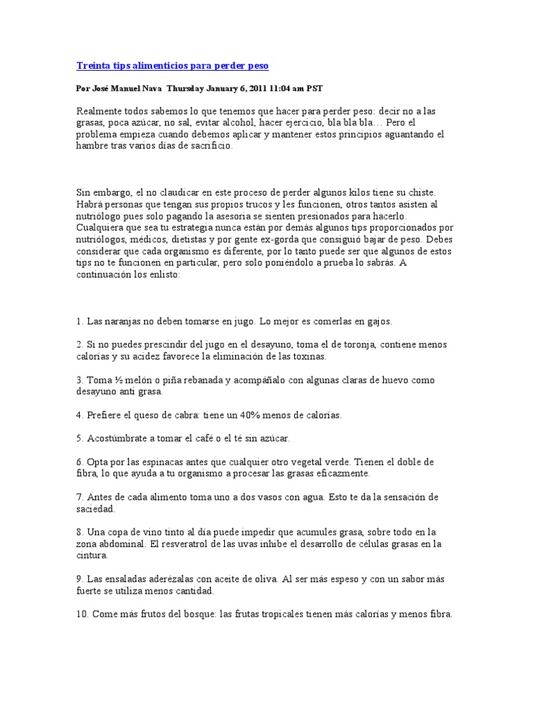 Treinta Tips Alimenticios para Perder Peso | PDF | Alimentos | Té