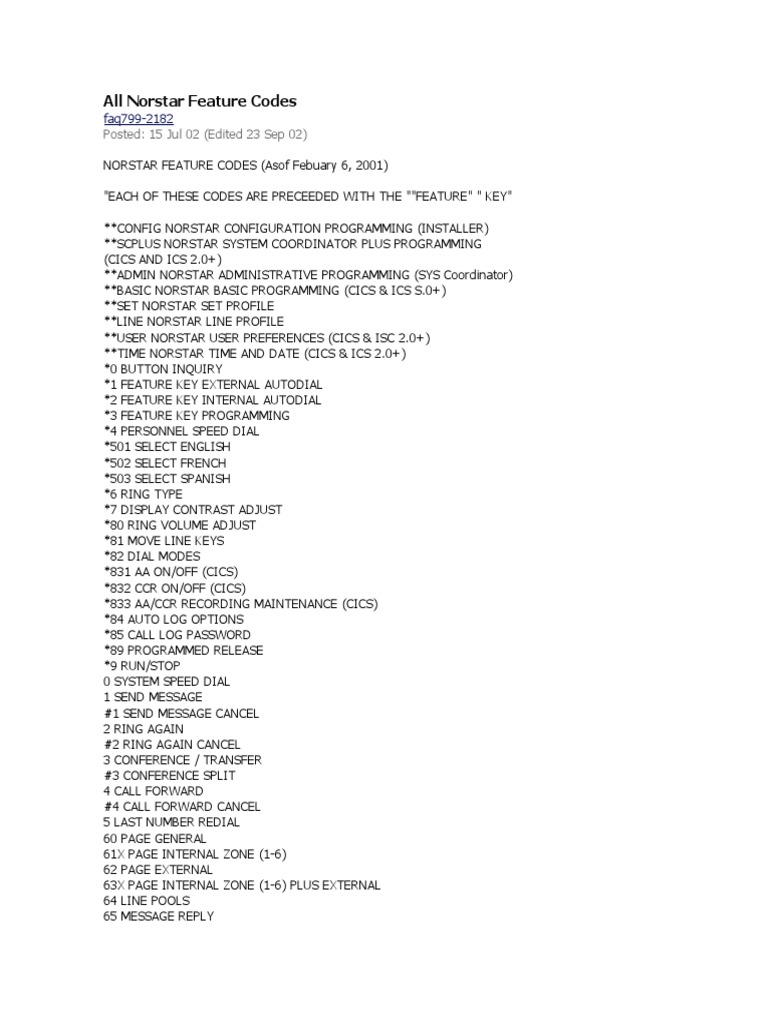 All Norstar Feature Codes | PDF | Voicemail | Telephony