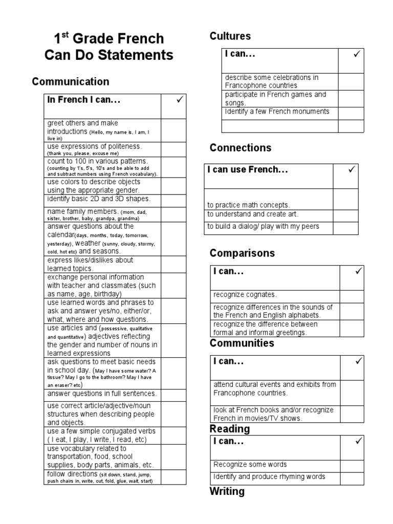 1 Grade French Can Do Statements: Cultures | Download Free PDF | French ...