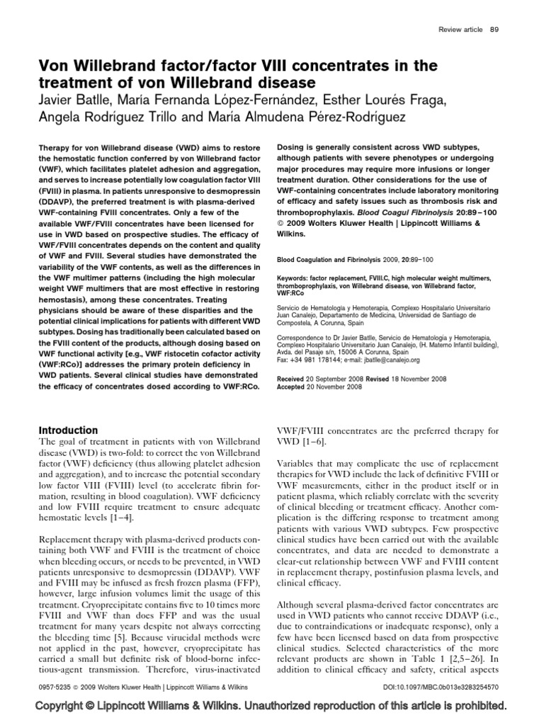 Von Willebrand Factor/factor VIII Concentrates in The Treatment of Von ...