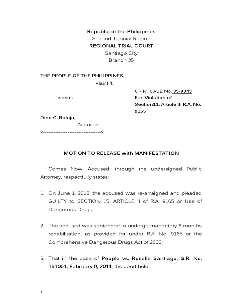 Manifestation With Motion To Release Balajo | PDF | Plea | Legal Procedure